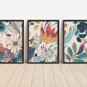 Boho Wild Flowers Wall Art Set of 3 Piece Wall Art Set Bohemian Style ...
