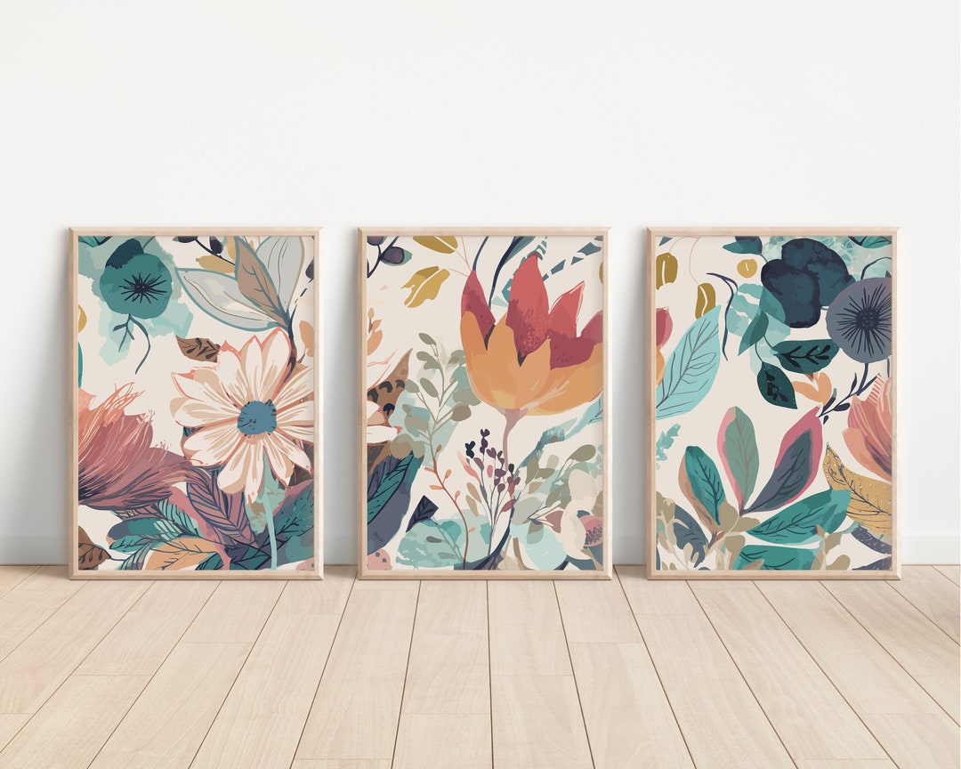Boho Wild Flowers Wall Art Set of 3 Piece Wall Art Set Bohemian Style ...