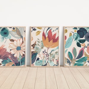 Boho Wild Flowers Wall Art Set of 3 Piece Wall Art Set Bohemian Style ...
