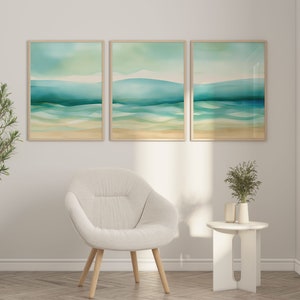 Seascape Watercolor Wall Art Set of 3 Piece Wall Art Aqua Beach House ...