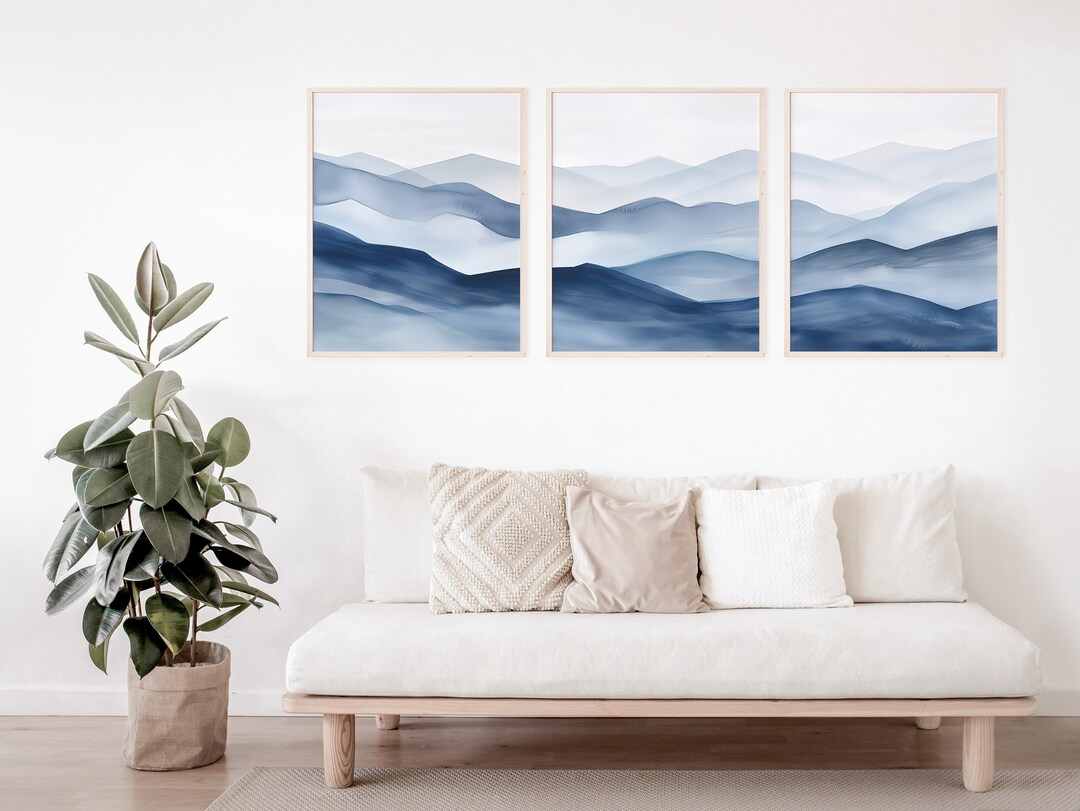 Blue Abstract Mountains Wall Art Set of 3 Piece Wall Art Navy Blue ...