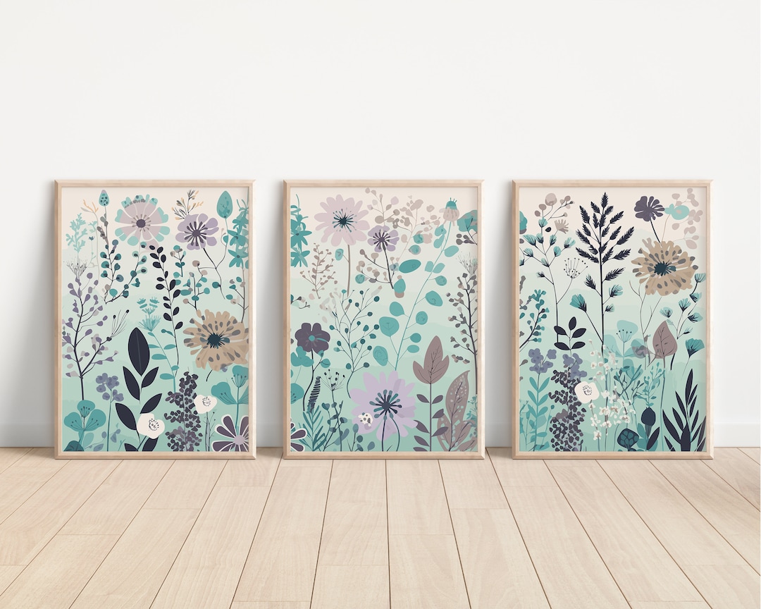 Boho Wild Flowers Wall Art Set of 3, Bohemian Wildflowers 3 Piece Wall ...