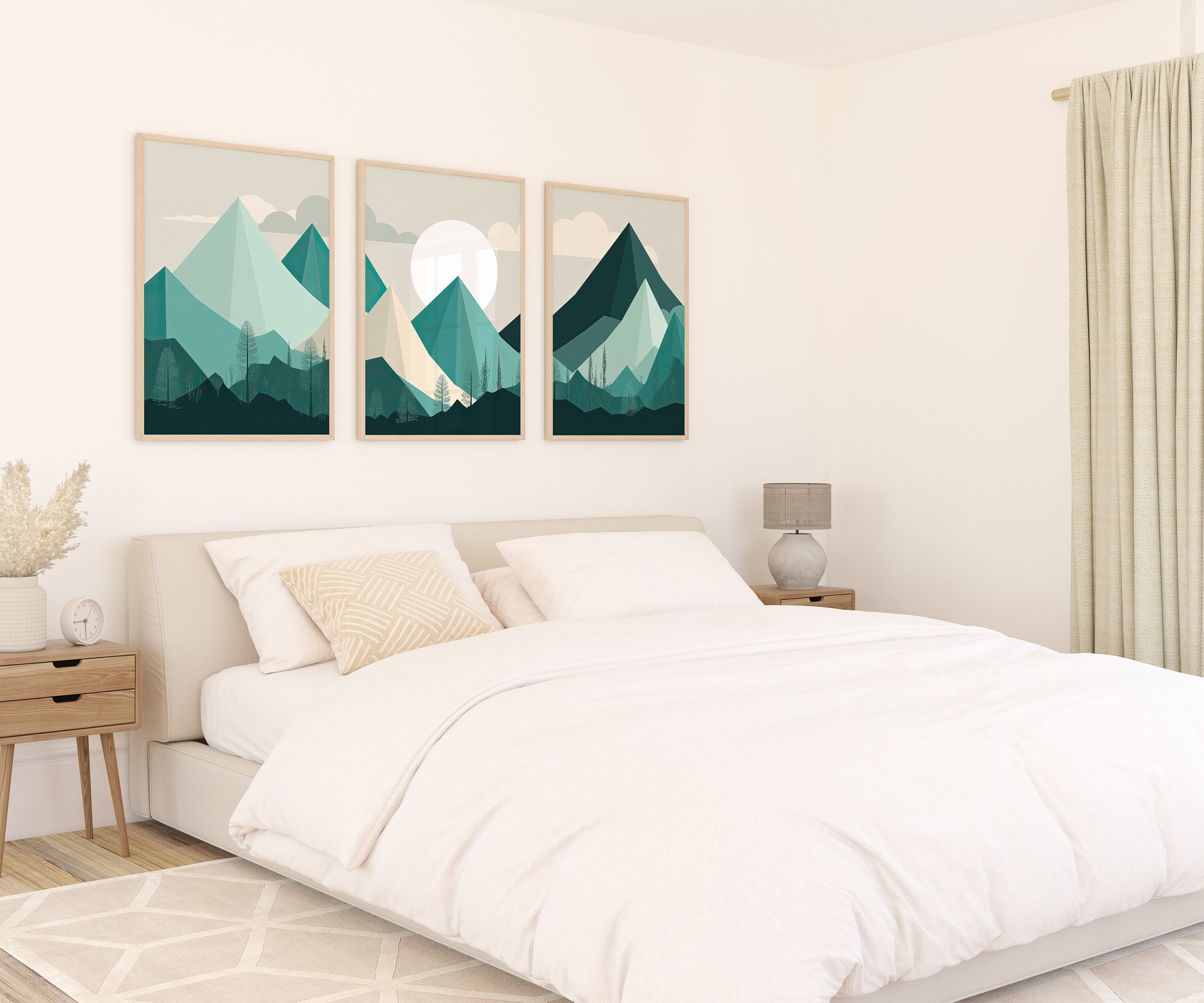 Teal Mountain Landscape Wall Art Set of 3, Abstract Prints, Nordic Home ...
