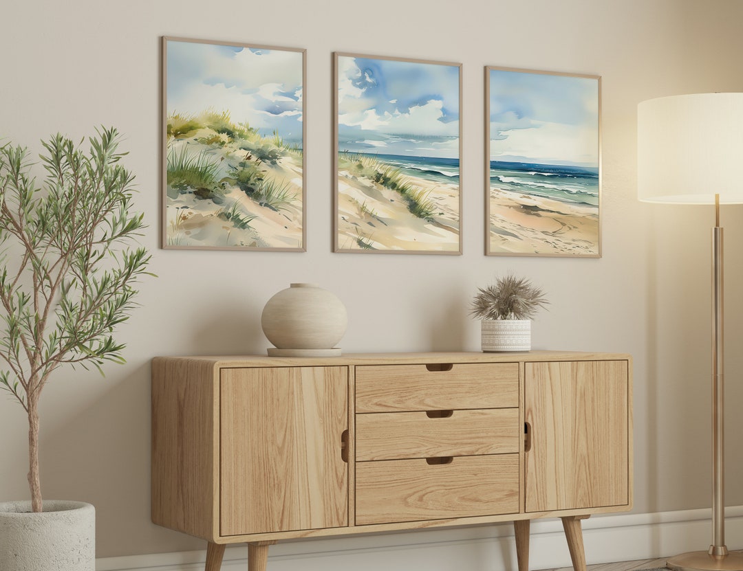 Beach Watercolor Wall Art Set of 3, Printable Coastal Wall Decor ...