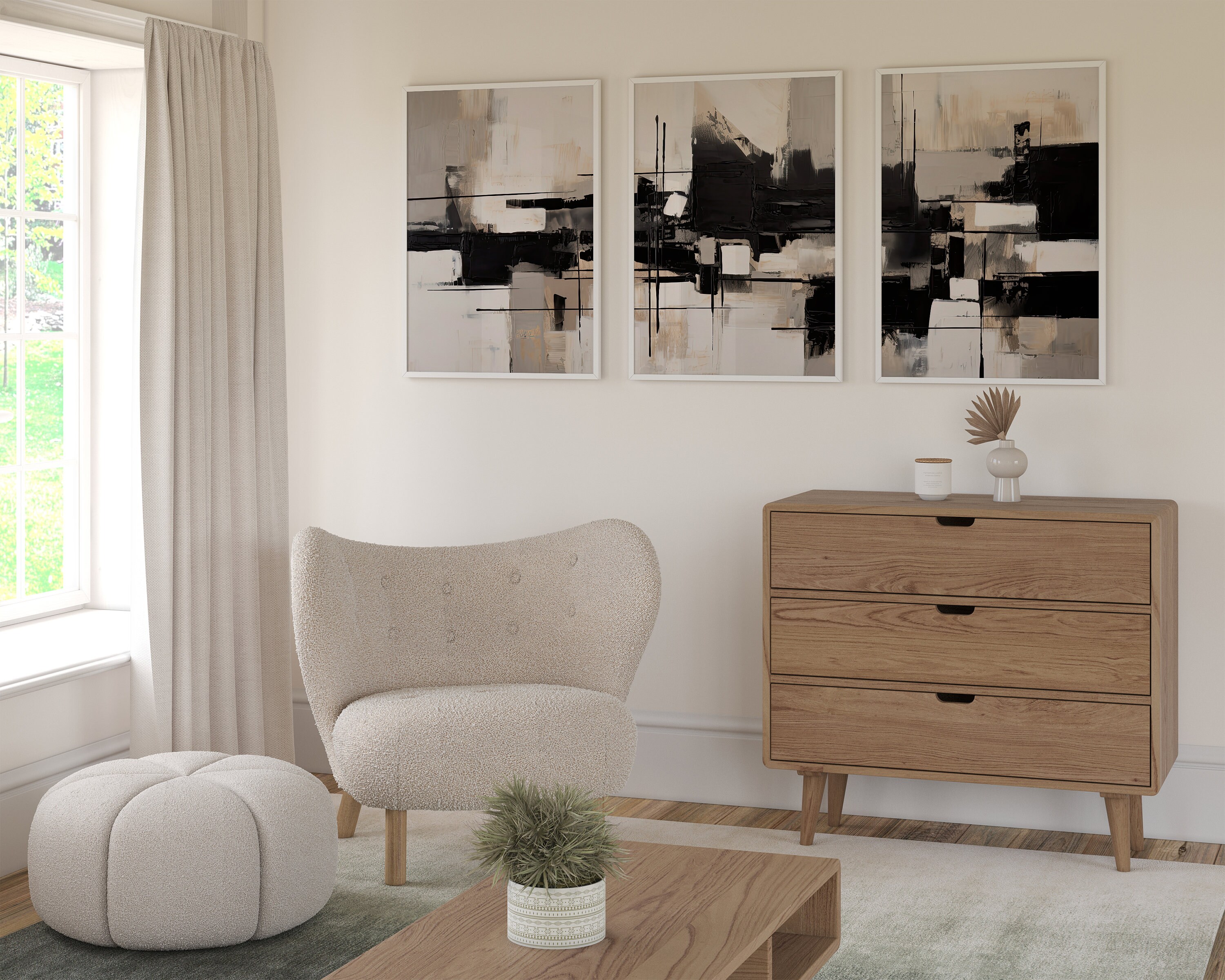 Modern Neutral Abstract Printable Wall Art Set of 3 Black and - Etsy