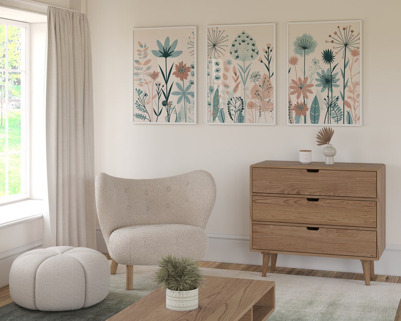 Boho Wild Flowers Wall Art Set of 3, Bohemian Wildflowers 3 Piece Wall ...
