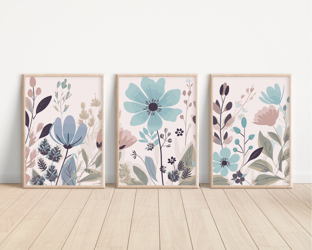 Boho Wild Flowers Wall Art Set of 3, Bohemian Wildflowers 3 Piece Wall ...