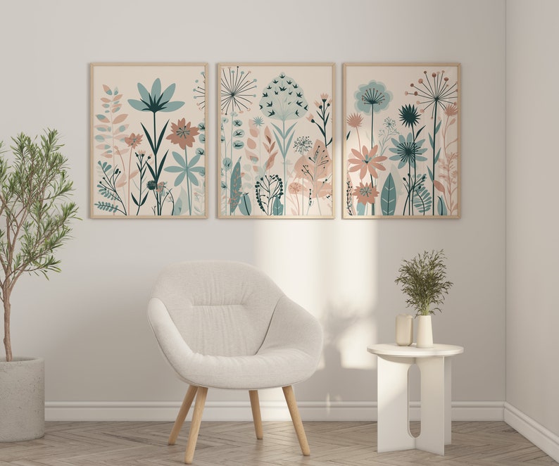 Boho Wild Flowers Wall Art Set of 3, Bohemian Wildflowers 3 Piece Wall ...