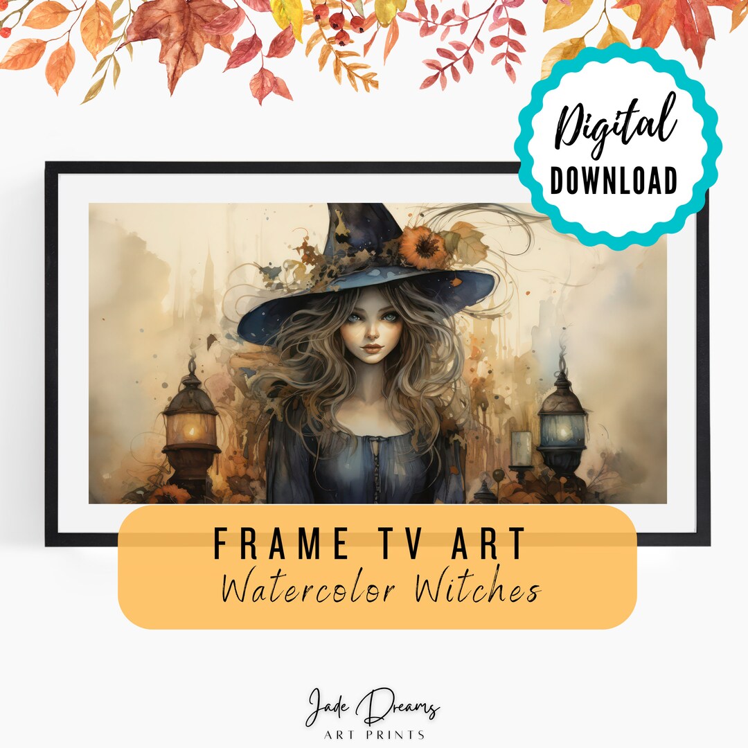 Halloween Frame TV Art, Vintage Witch Watercolor Painting, Digital ...