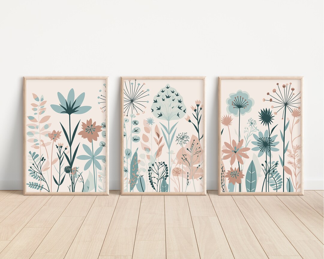 Boho Wild Flowers Wall Art Set of 3, Bohemian Wildflowers 3 Piece Wall ...