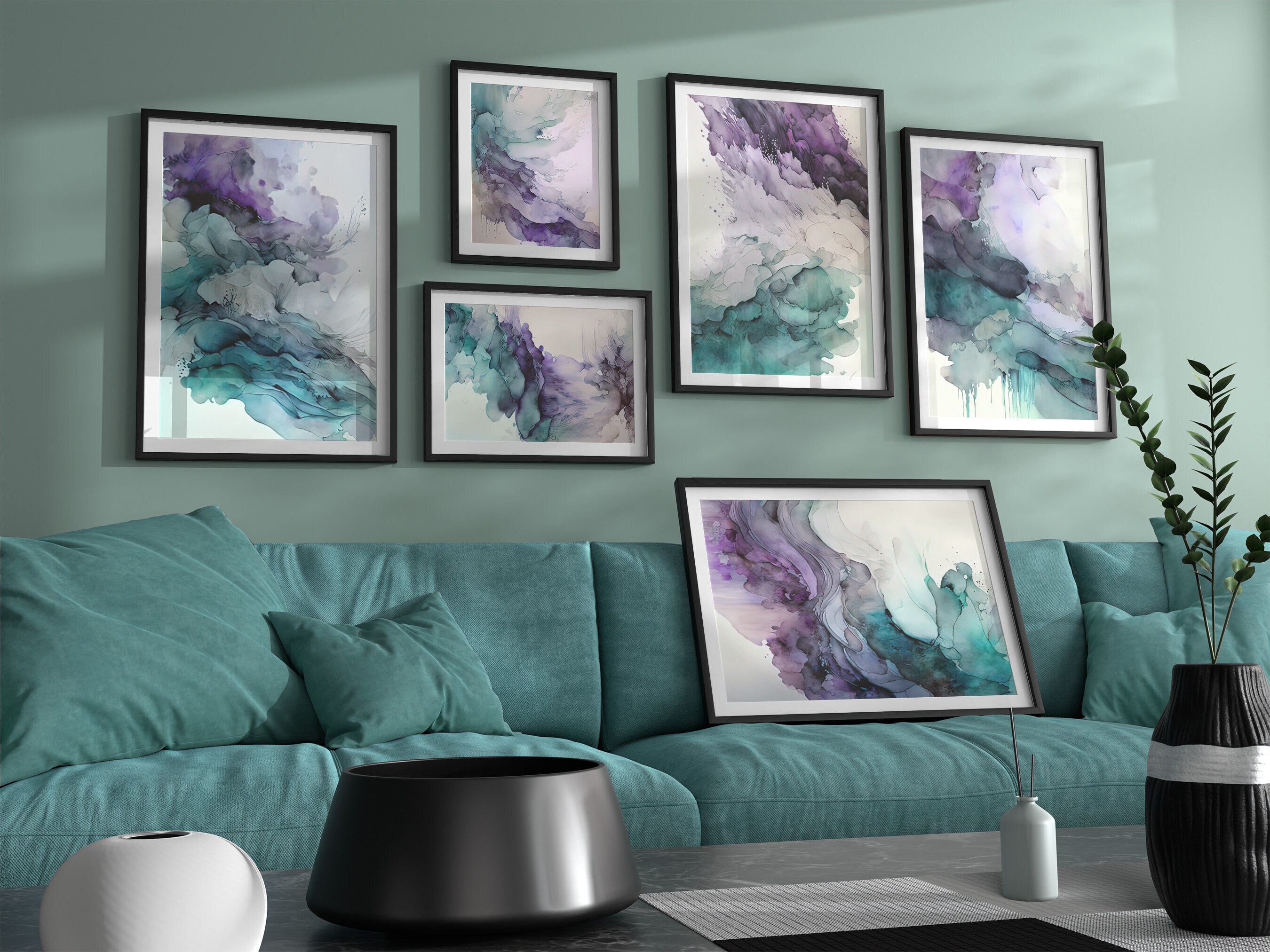 Purple Teal Gallery Wall Art Set of 6 Watercolor Prints - Etsy