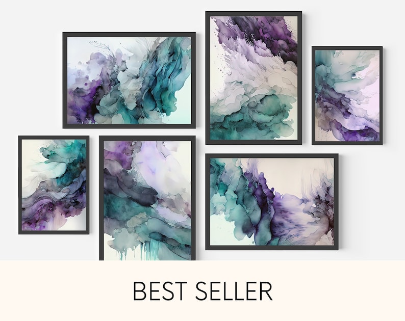 Violet Teal Watercolor Wall Art Set of 6, Digital Download, Printable ...