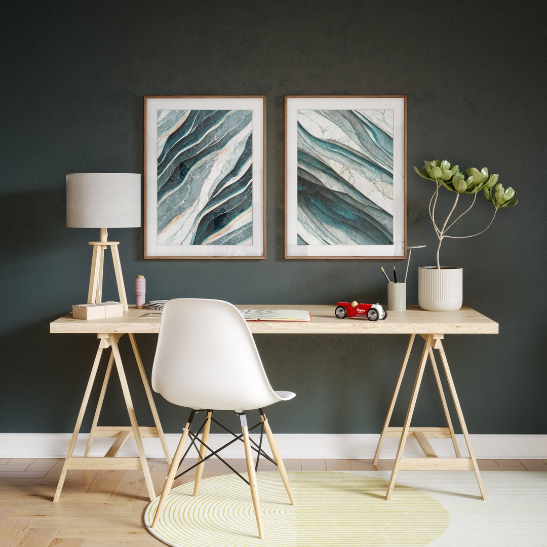 Blue Gray Marble Art Prints, Abstract Modern Decor Set (digital ...