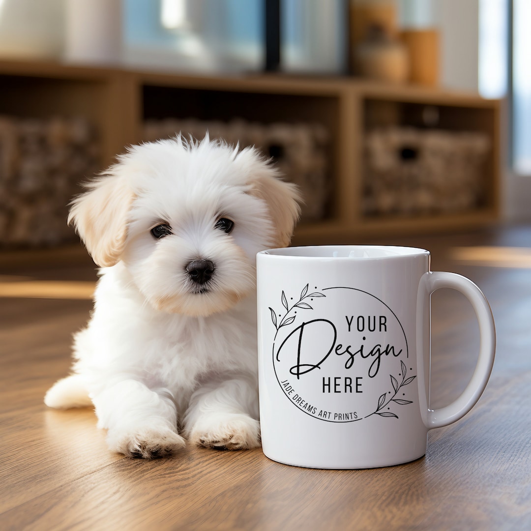 Cute Puppy Mug Mockup, White 11oz Ceramic Coffee Mugs Mock Up, Dog Dogs ...