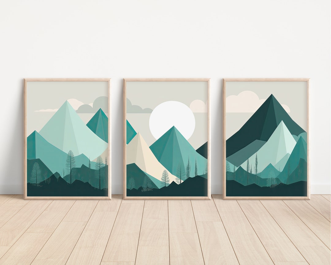 Teal Mountain Landscape Wall Art Set Nordic Style Wall Art Prints for ...
