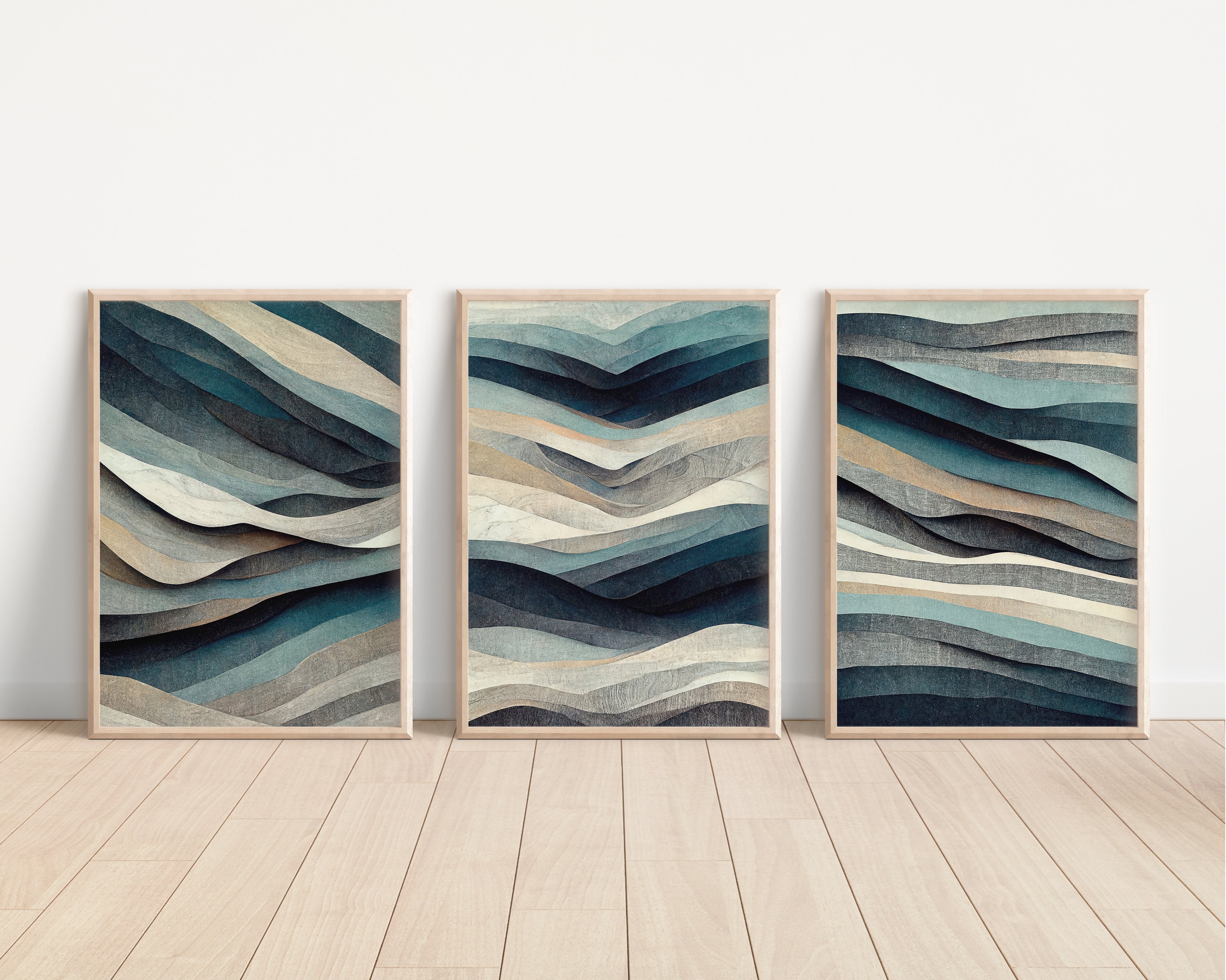 Navy Tan Abstract Wall Art Set of 3 Piece Art Prints Navy Apartment ...