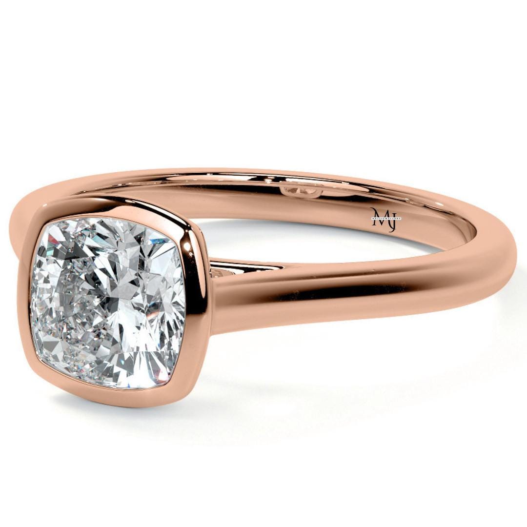 1.0CT Cushion Cut Bezel Solitaire Ring Solid Gold Engagement Ring Bezel ...