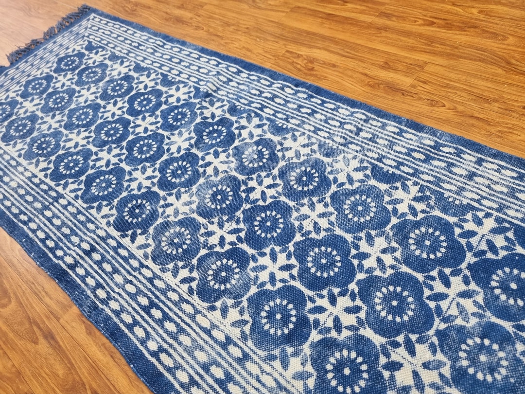 Hand Block Print Cotton Runner Rug: Blue Floral Entryway Rug - Etsy