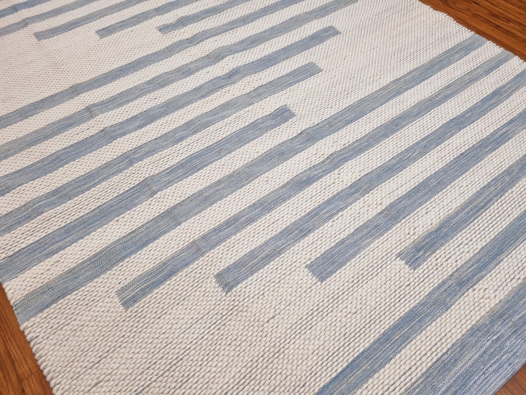 Handwoven Wool Rug, White Sky Blue Large Area Wool Rug - Living Room ...