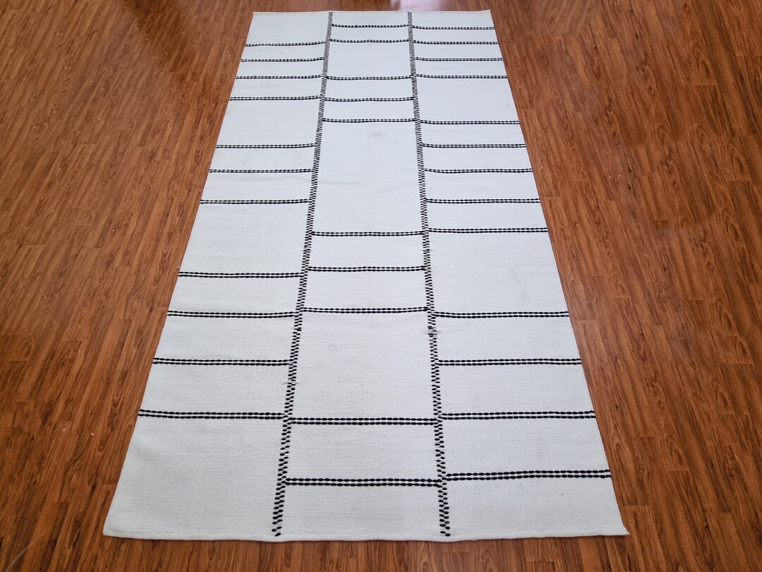 Handwoven Wool Rug Runner, White Black Wool Runner Rug, Entryway ...