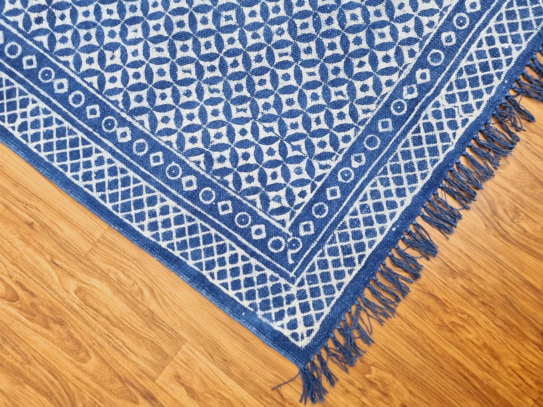 Handmade Indigo Blue Rug, Hand Block Print Cotton Rug, Entryway ...