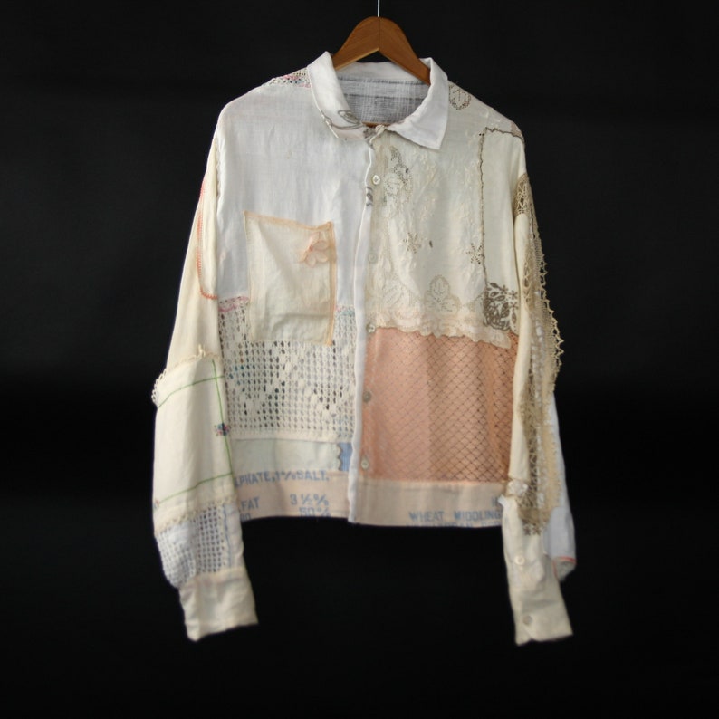 One of a Kind Bode Lace Tablecloth Silk Handkerchief Crochet Sheer Cropped Patchwork Upcycled ...