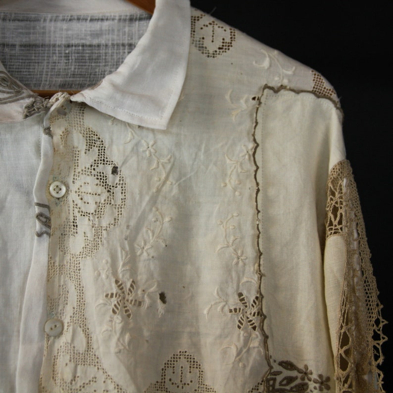 One of a Kind Bode Lace Tablecloth Silk Handkerchief Crochet Sheer Cropped Patchwork Upcycled ...