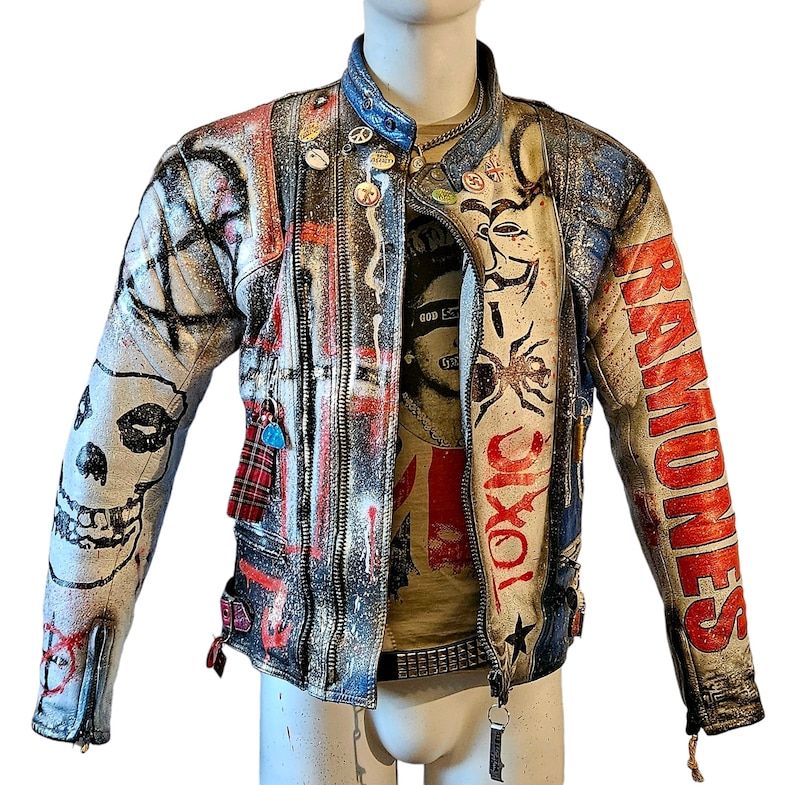 Vintage Leather Punk Rock Motorbike Motorcycle Jacket Studded, Painted ...