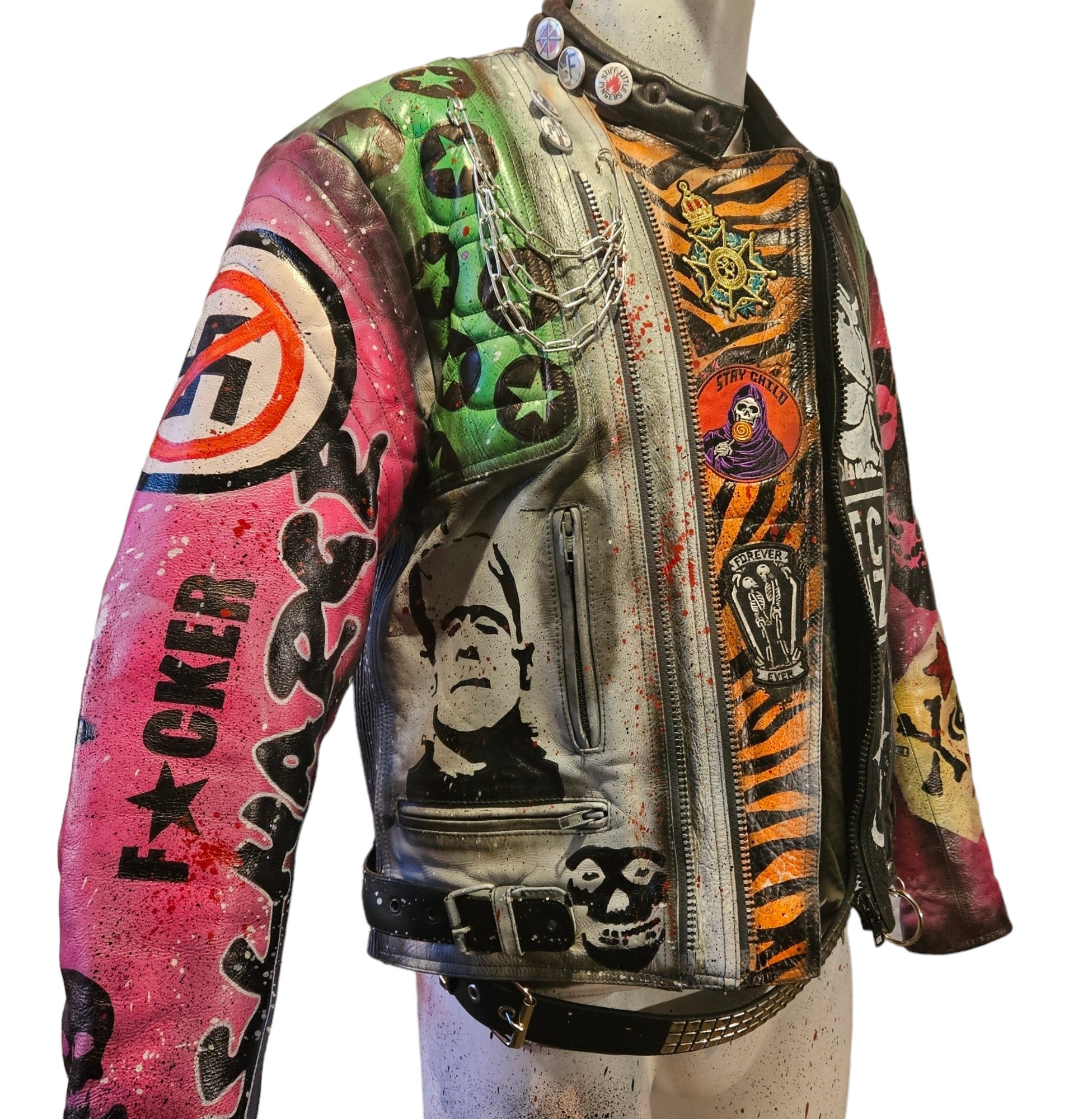Vintage Leather Punk Rock Motorbike Motorcycle Jacket Studded, Painted ...