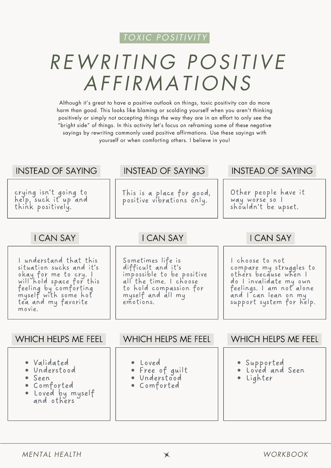 Positive Affirmation Exercises Workbook Mental Health Exercises CBT ...