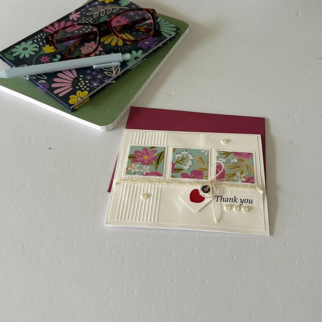Thank You Card – Floral Panel Design With Heart Tag & Twine, Elegant ...