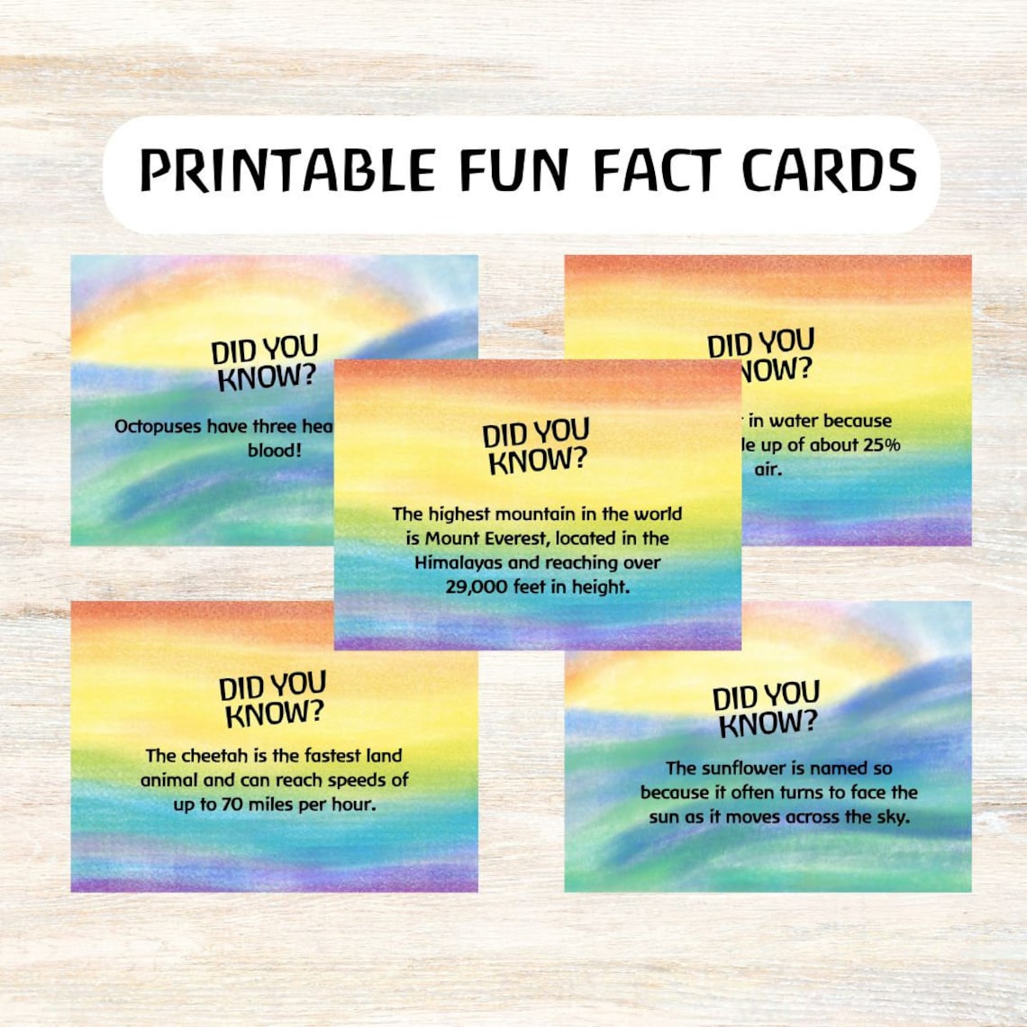 20 Printable Fun Fact Cards for Kids, Instant Download - Etsy