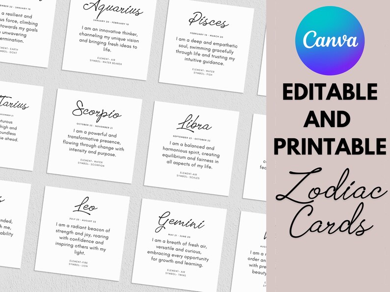 Editable Zodiac Cards on Canva - Star Sign - Etsy
