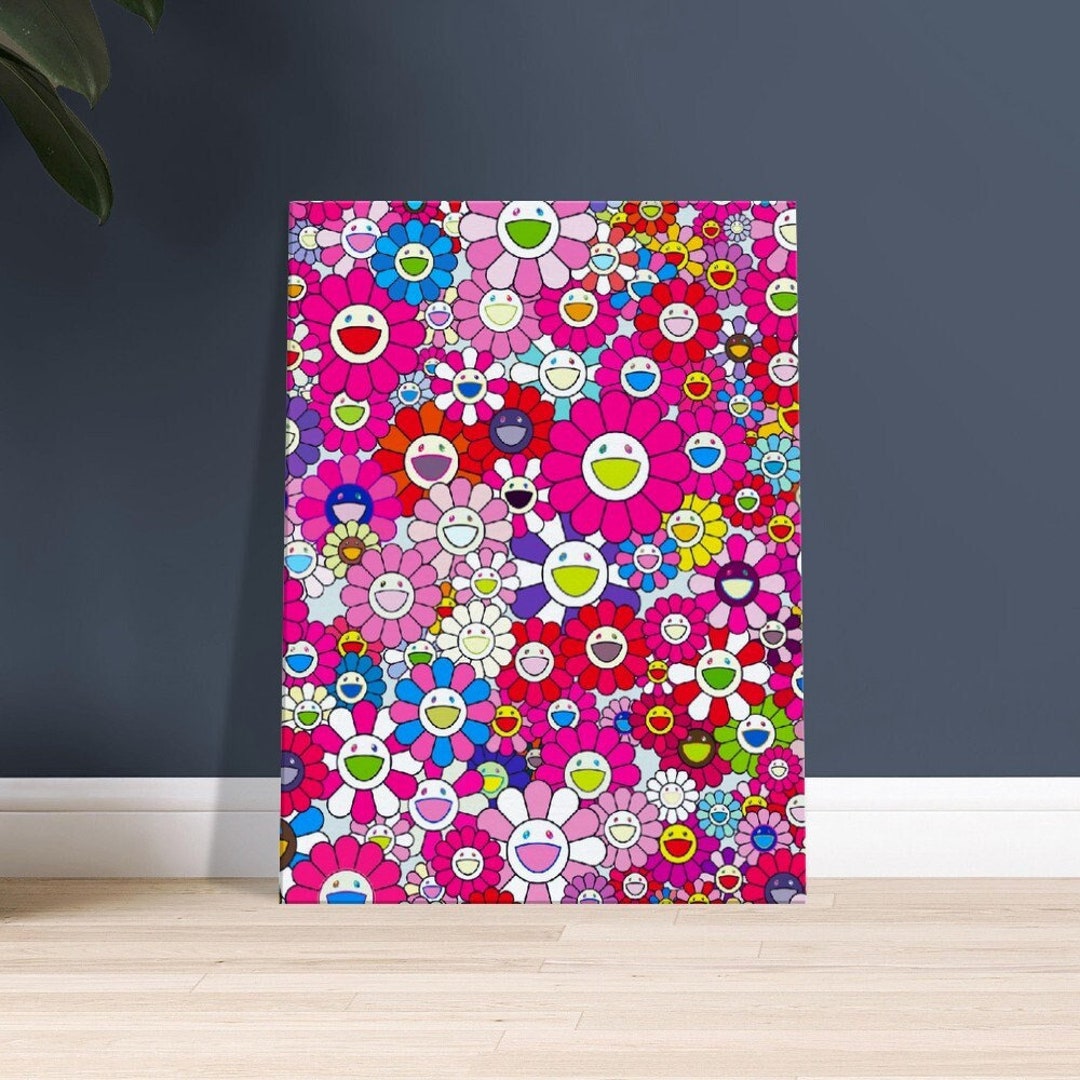 Pink Murakami Flowers Canvas Wall Art / Colorful Modern Japanese Smiley ...