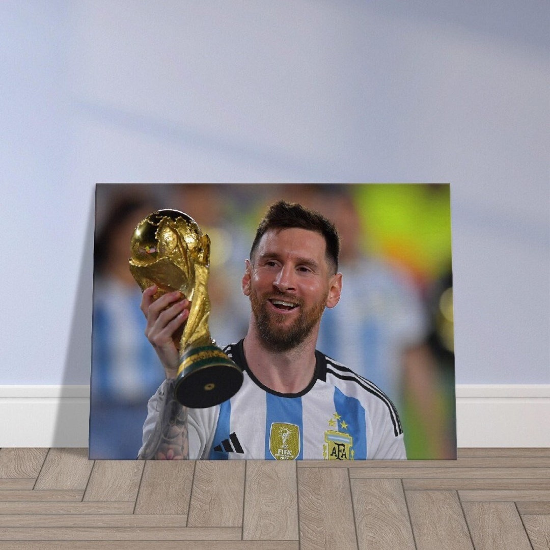 Lionel Messi Holding World Cup Trophy Canvas Wall Art / Argentina Fifa ...