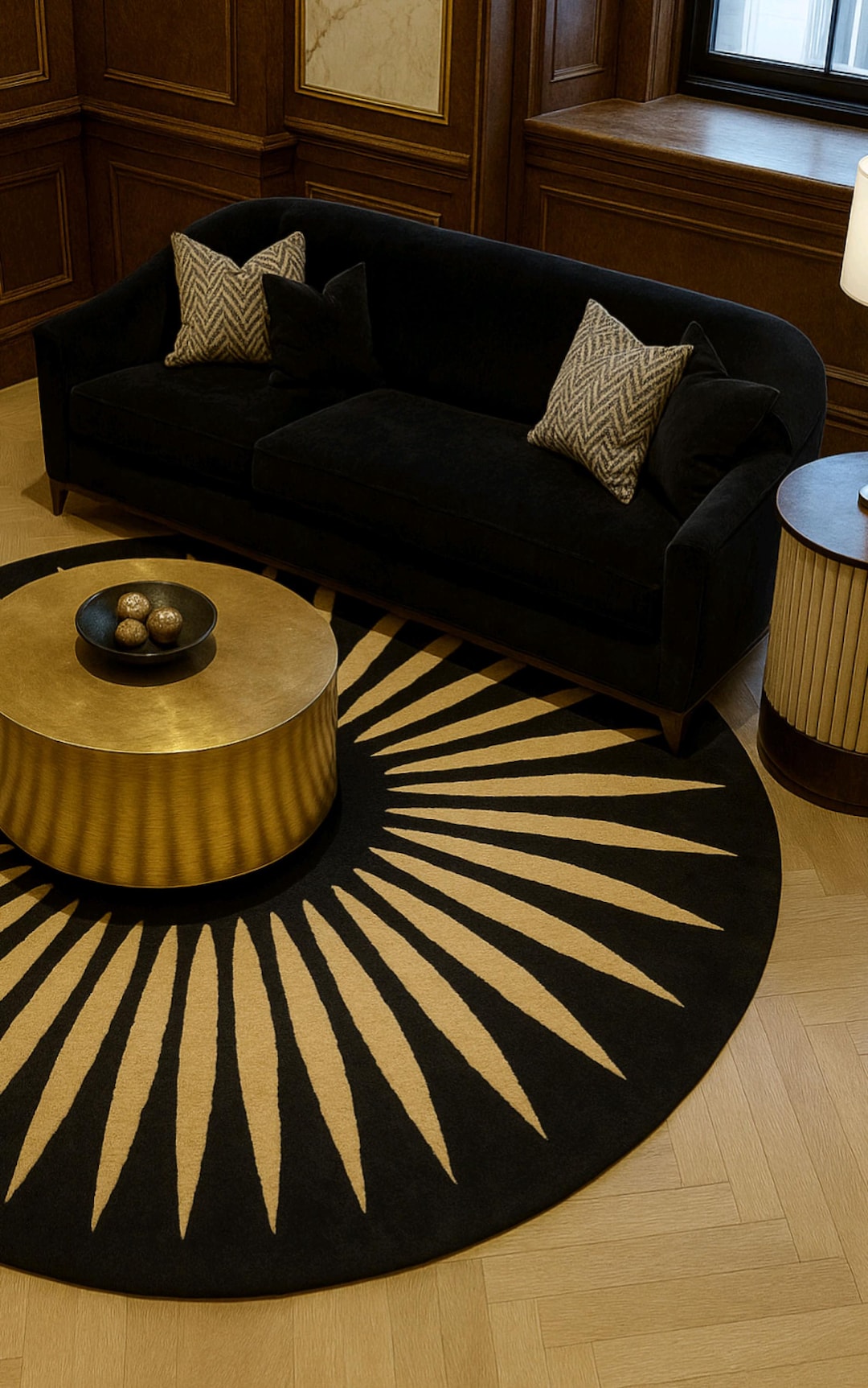 Modern Round Sunburst Rug Black & Beige Geometric Design Hand Tufted ...