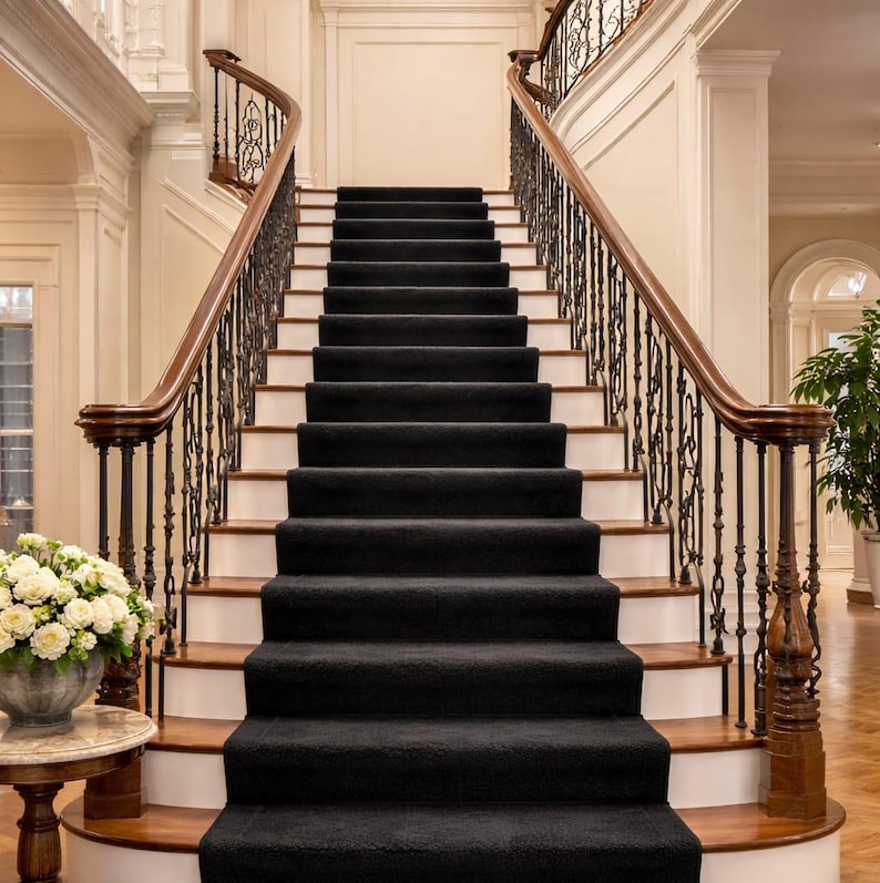 Luxury Black Hand Tufted Stair Runner Rug – Elegant Solid Color Wool ...