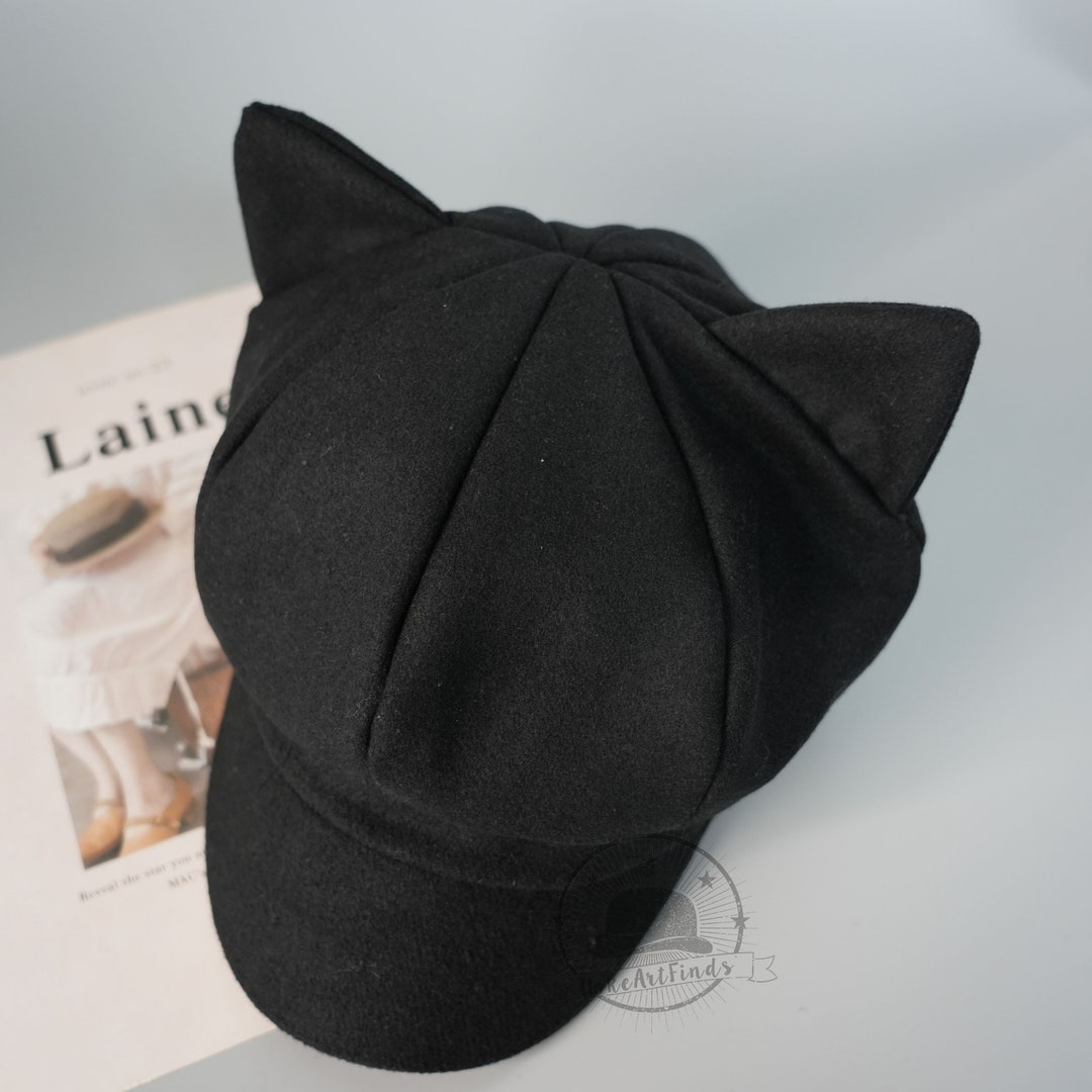 Vintage Black Cat Ear Octagonal Hats, Cute Cat Design Hat for Women ...