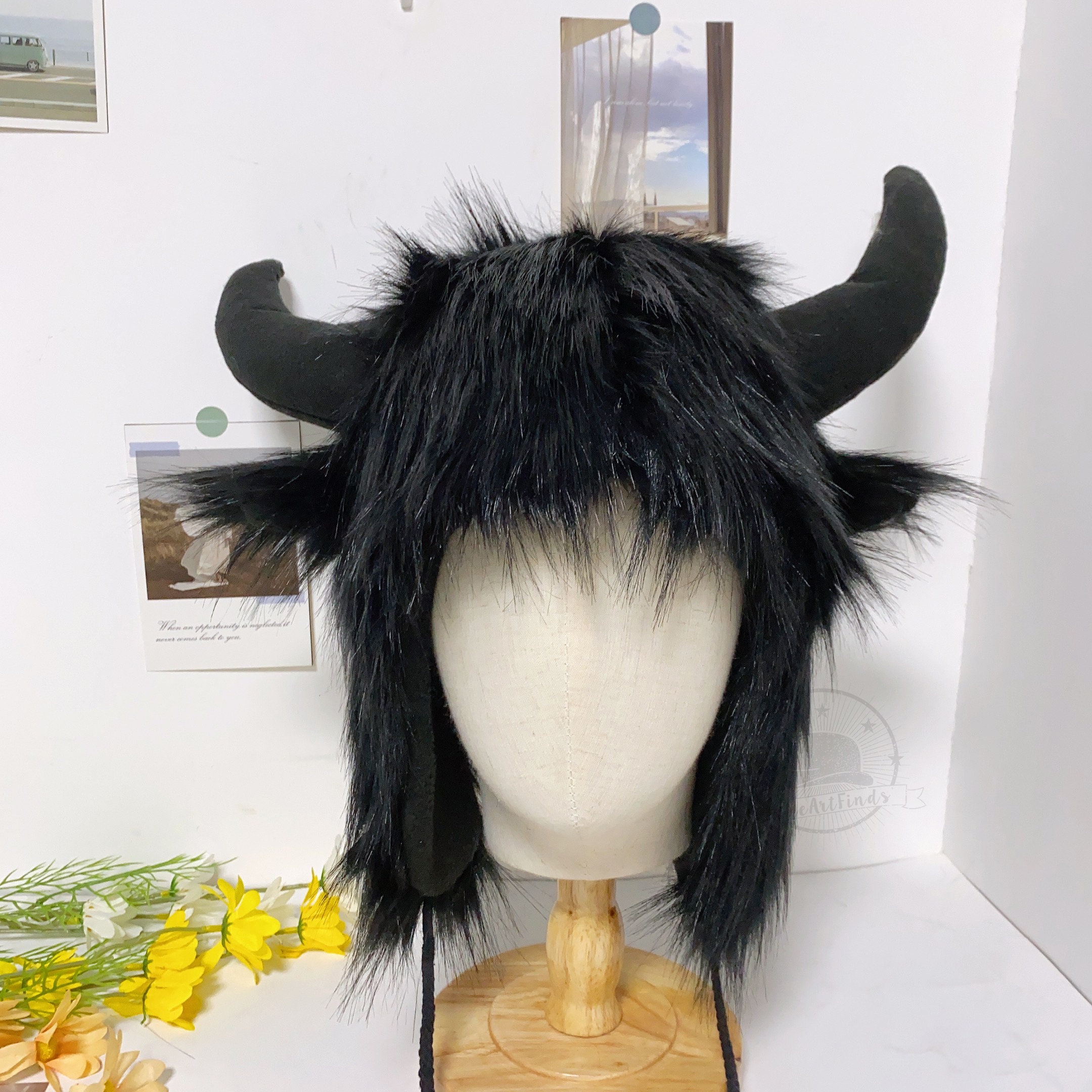 Unique Furry Bull Hats With Black Horns, Funny Plush Animals Ears Hats ...