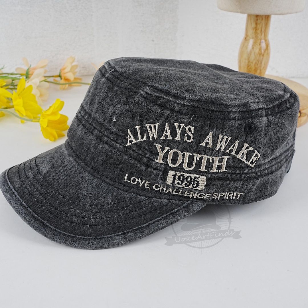 Vintage Washed Cotton Flat Caps, Retro Black Army Style Military Cap ...
