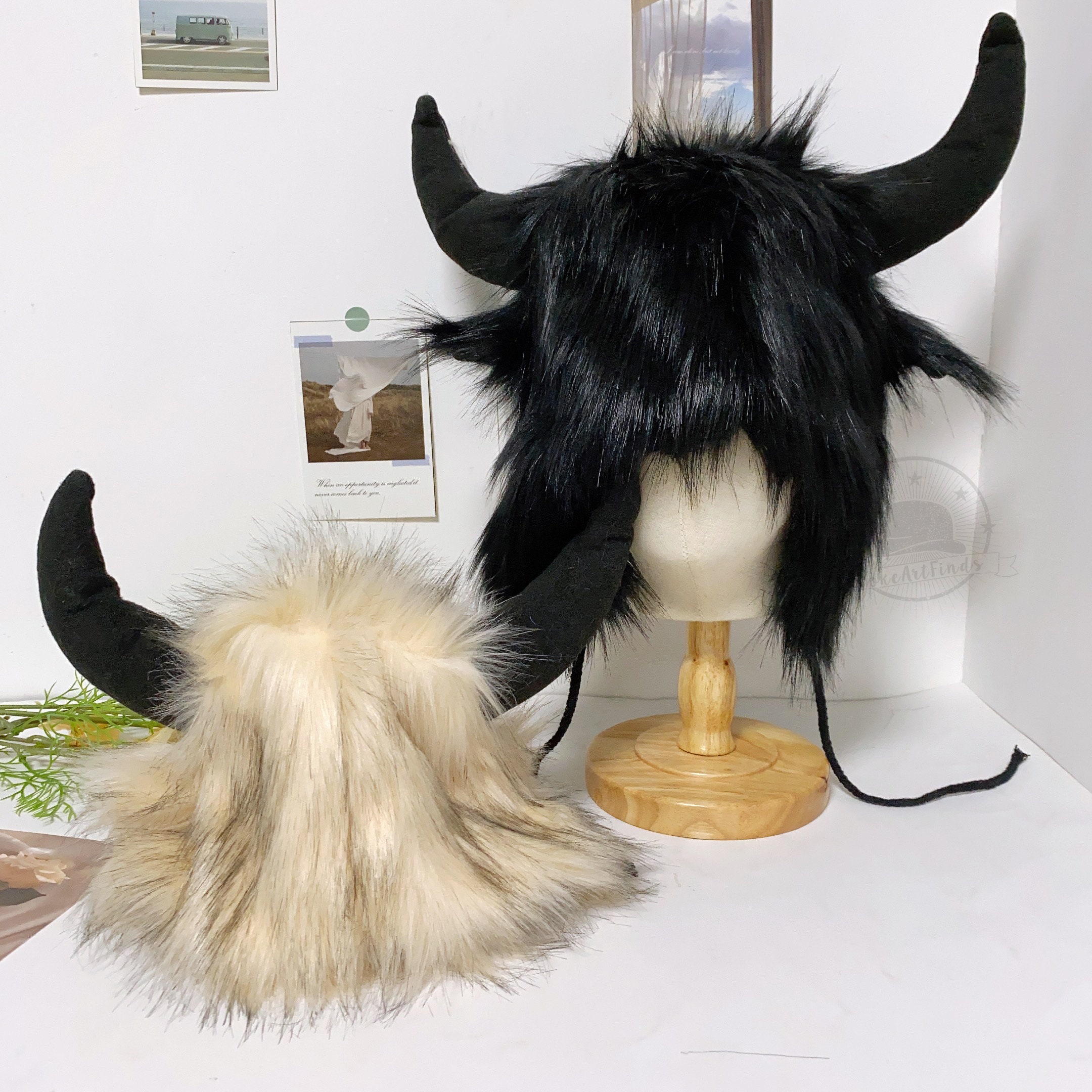 Unique Furry Bull Hats With Black Horns, Funny Plush Animals Ears Hats ...