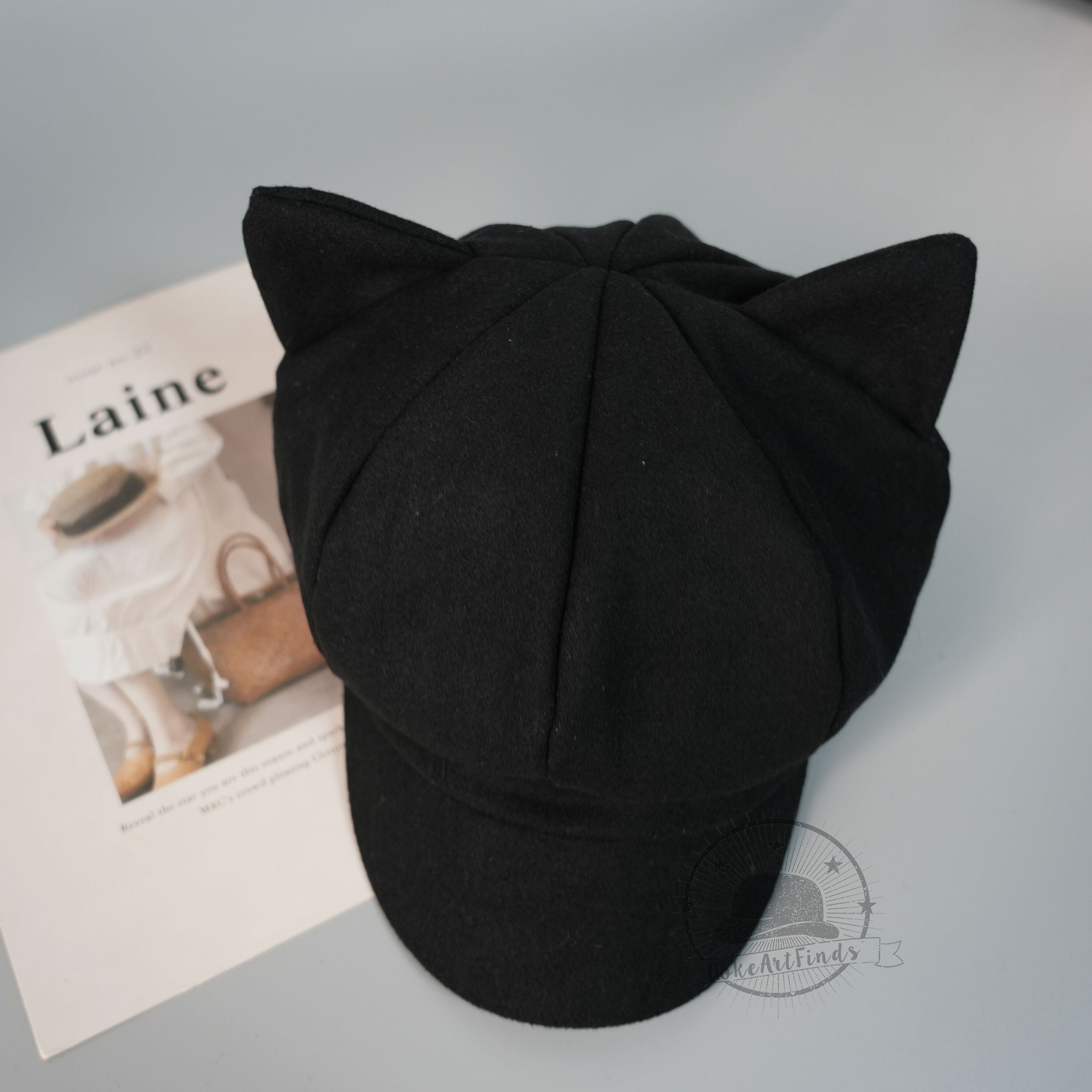 Vintage Black Cat Ear Octagonal Hats, Cute Cat Design Hat for Women ...