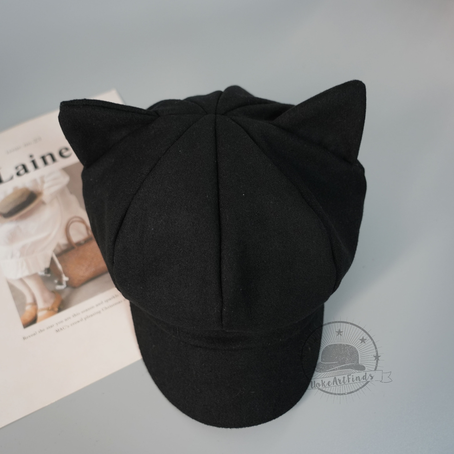 Vintage Black Cat Ear Octagonal Hats, Cute Cat Design Hat for Women ...