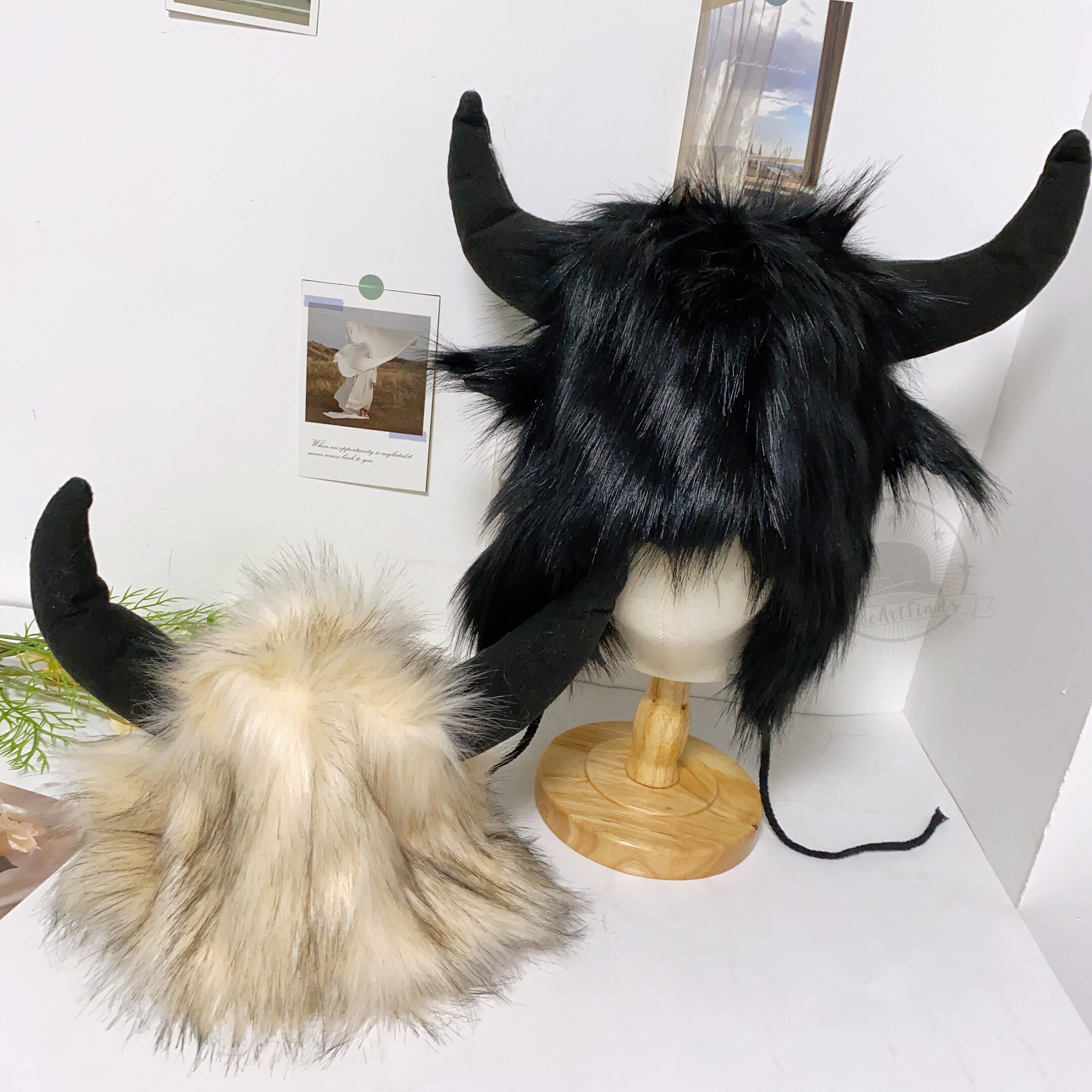 Unique Furry Bull Hats With Black Horns, Funny Plush Animals Ears Hats ...