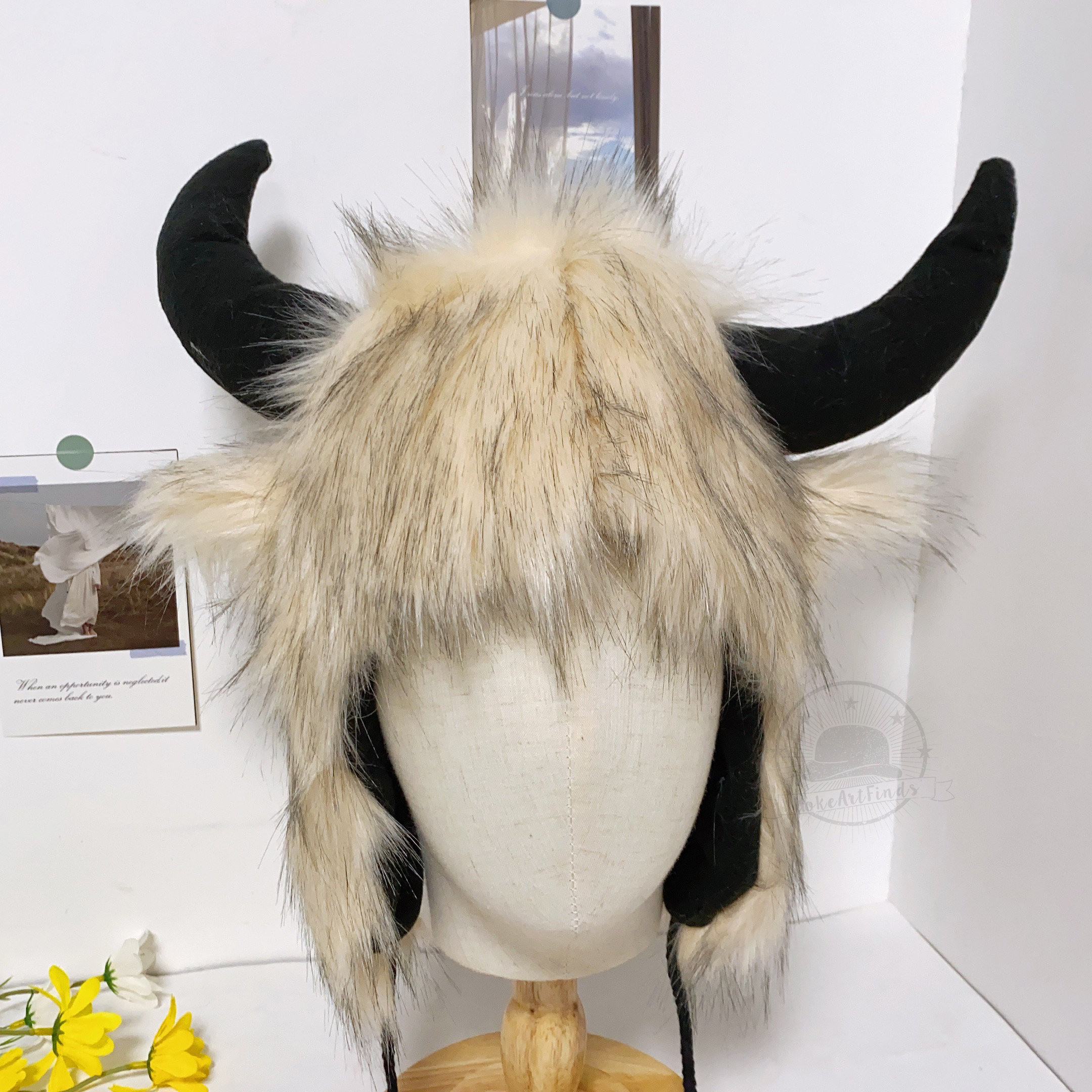 Unique Furry Bull Hats With Black Horns, Funny Plush Animals Ears Hats ...