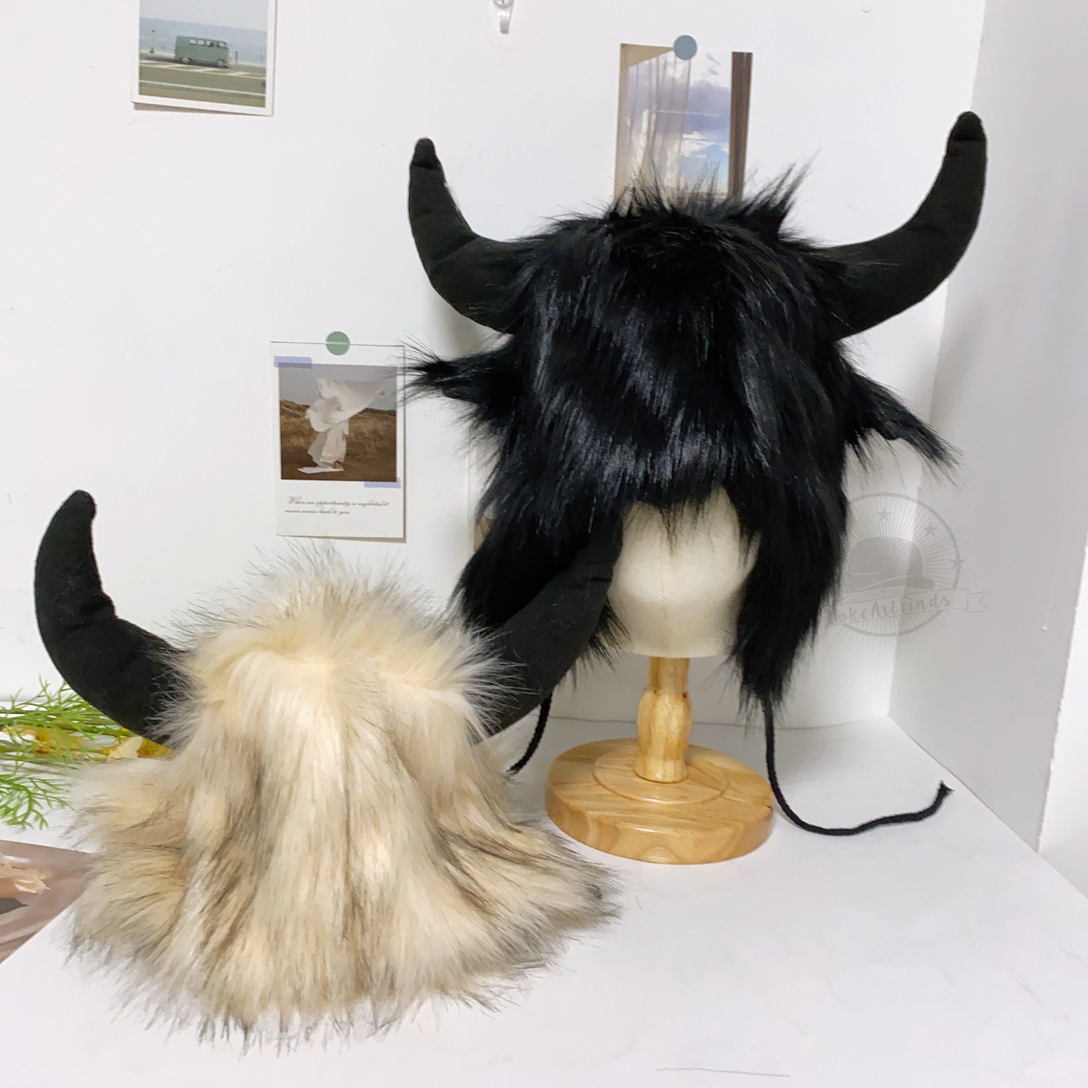 Unique Furry Bull Hats With Black Horns, Funny Plush Animals Ears Hats ...