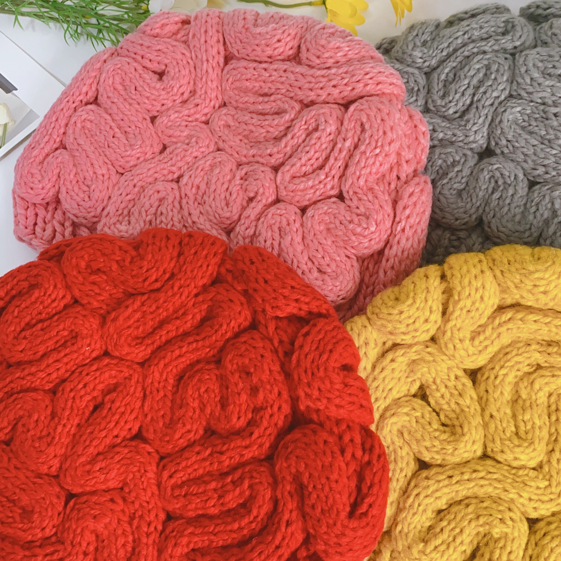 4 Color Funny Brain Wool Hats, Handmade Knitted Brain Beanie Hats ...