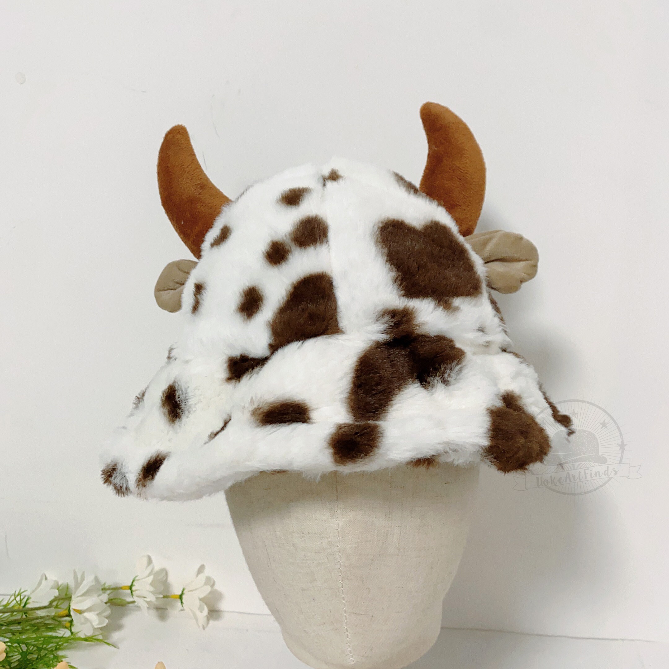 Cute Fuzzy Cow Bucket Hats With Horns, Creative Fluffy Cow Hats, Autumn ...