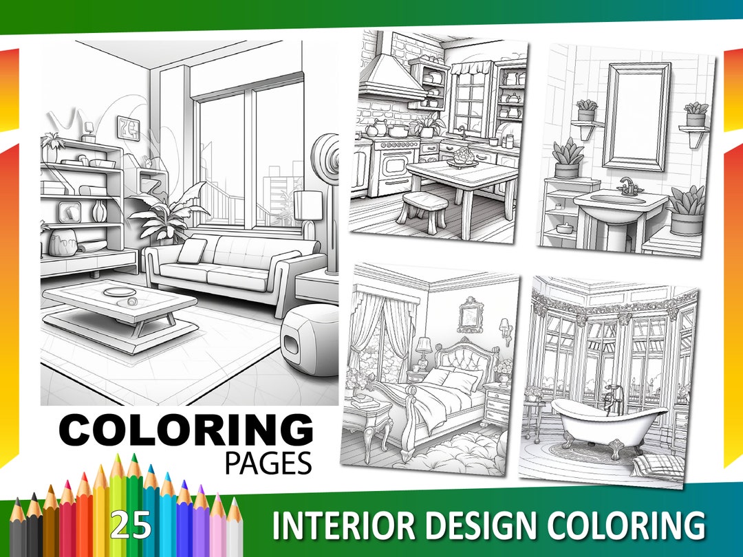 25 Beautiful Interior Design Coloring Page for Adults, Kids, Instant ...