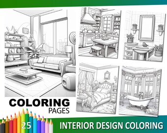 25 Beautiful Interior Design Coloring Page for Adults, Kids, Instant ...